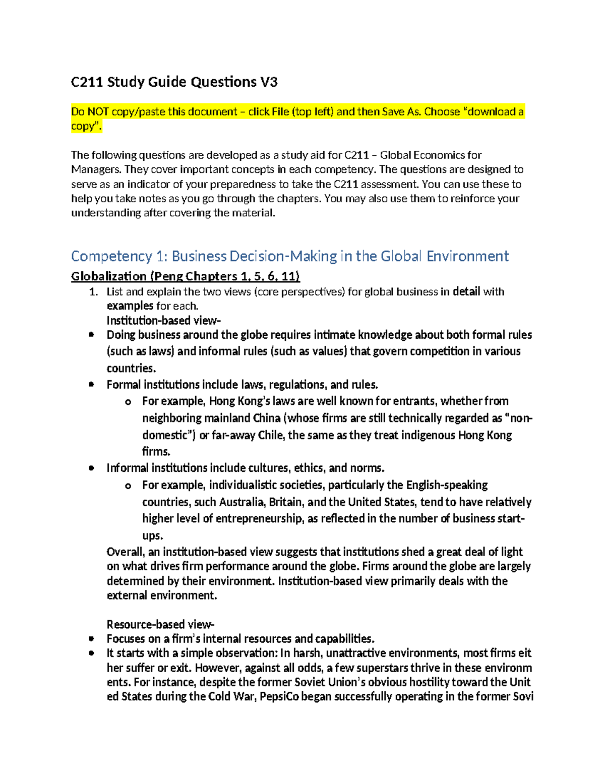 C211 Final Exam Study Questions on Global Economics for Managers - Studocu