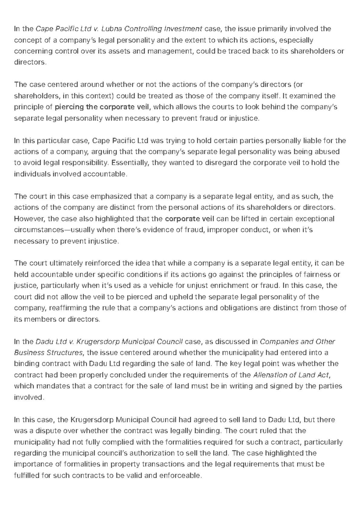Cape Pacific and Dadoo Ltd Case Laws - In the Cape Pacific Ltd v. Lubna ...