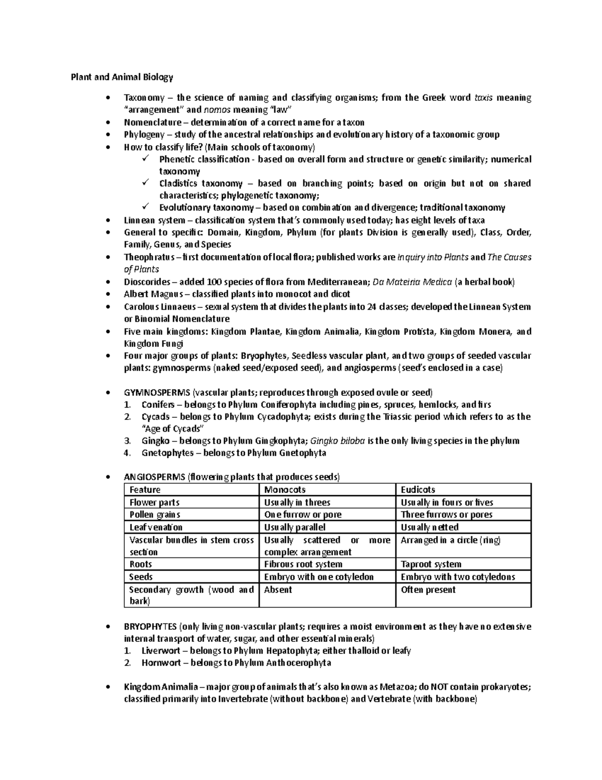 Plant and Animal Biology (BIO101) Taxonomy and Classification Notes ...