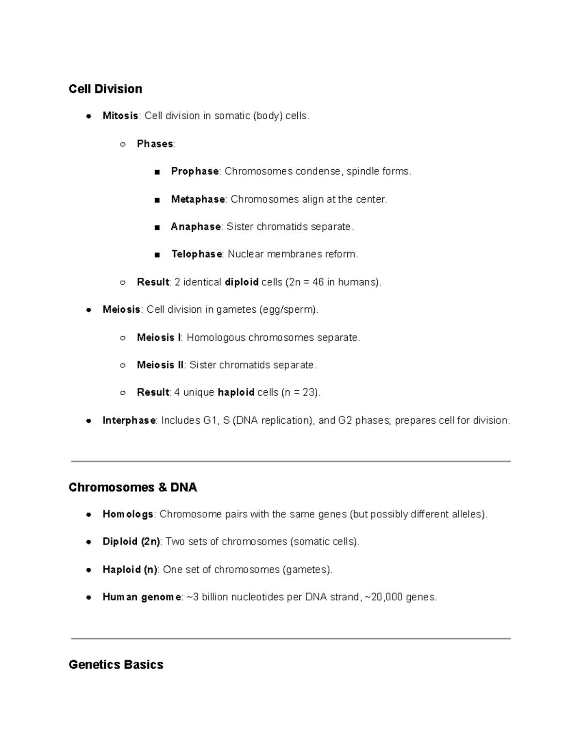 Bio Study Guide: Cell Division, Genetics, and Mendelian Concepts - Cell Division Mitosis: Cell ...