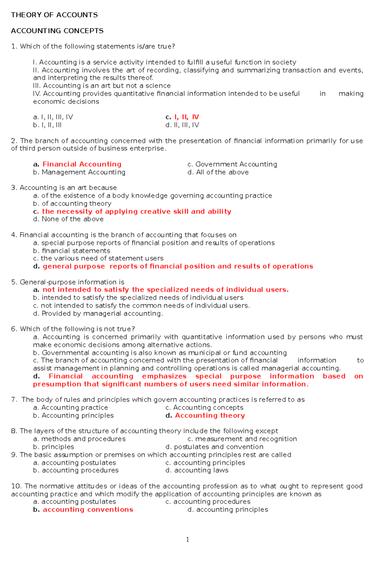 Toa reviewer - THEORY OF ACCOUNTS ACCOUNTING CONCEPTS Which of the following statements is/are ...