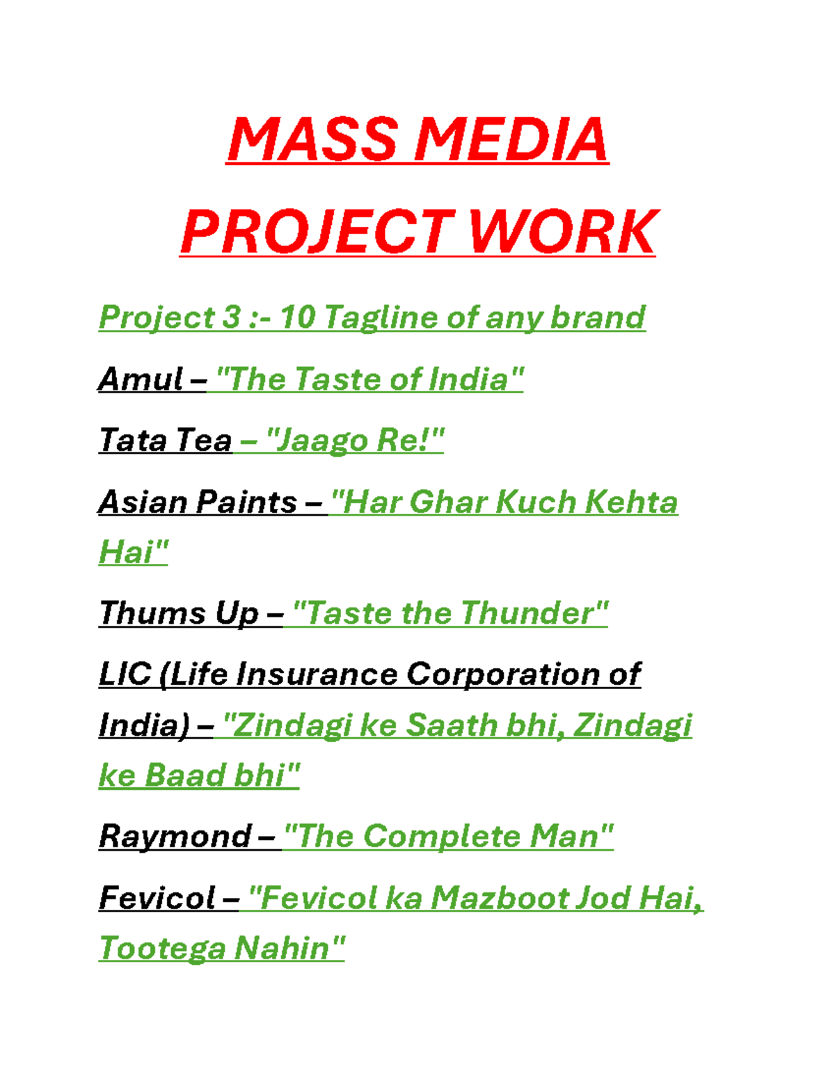 MASS MEDIA PROJECT WORK: Taglines & Ad Scripts for Brands - Studocu