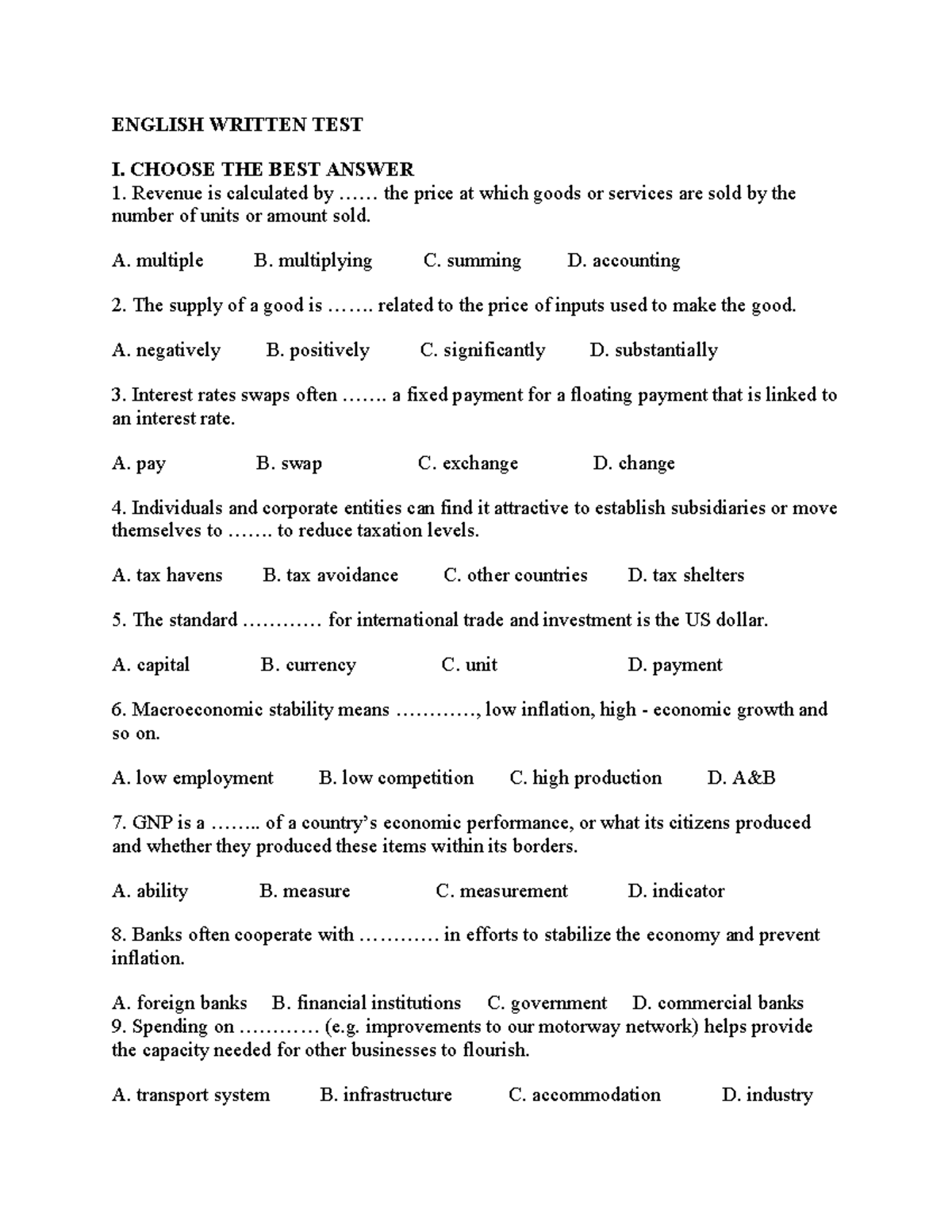 English Written TEST - ENGLISH WRITTEN TEST I. CHOOSE THE BEST ANSWER ...