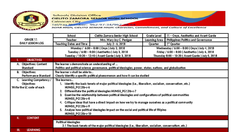 DLL GRADE 11 PHILIPPINE POLITICS & GOVERNANCE - TEACHING MATERIALS ...