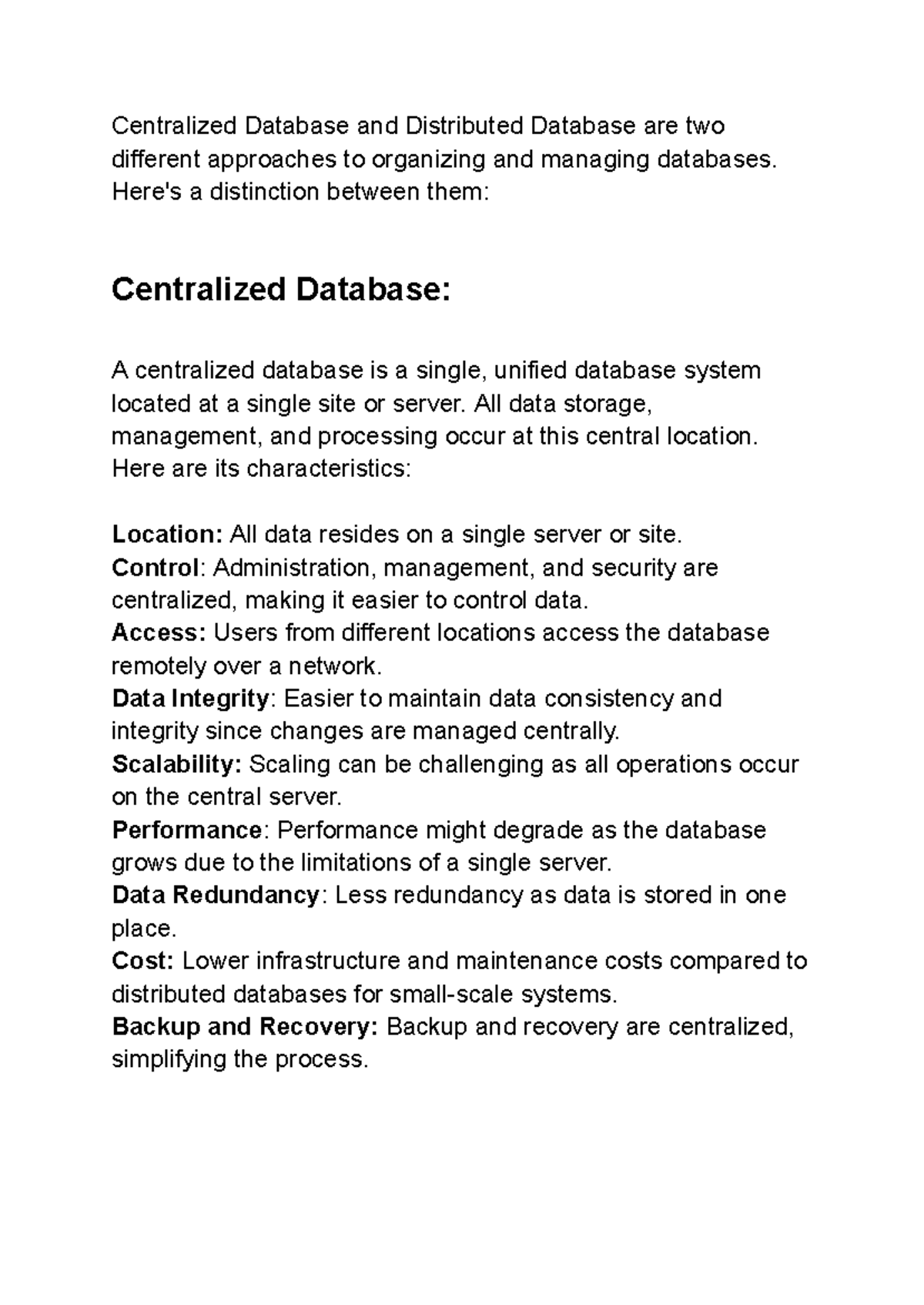 Comparative Study of Centralized vs Distributed Databases - Studocu
