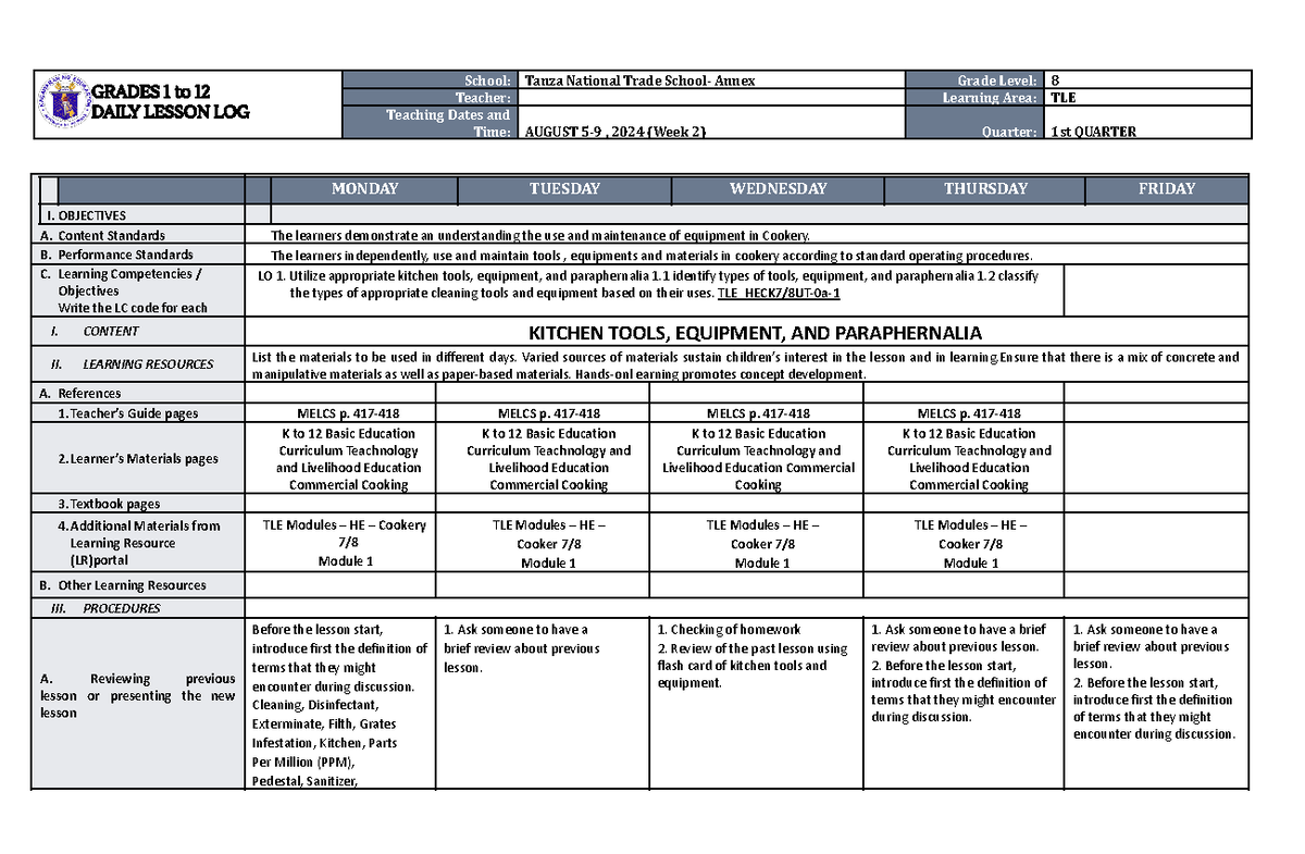 DLL TLE-8 Quarter 1 Lesson Plan - Kitchen Tools & Equipment - Studocu