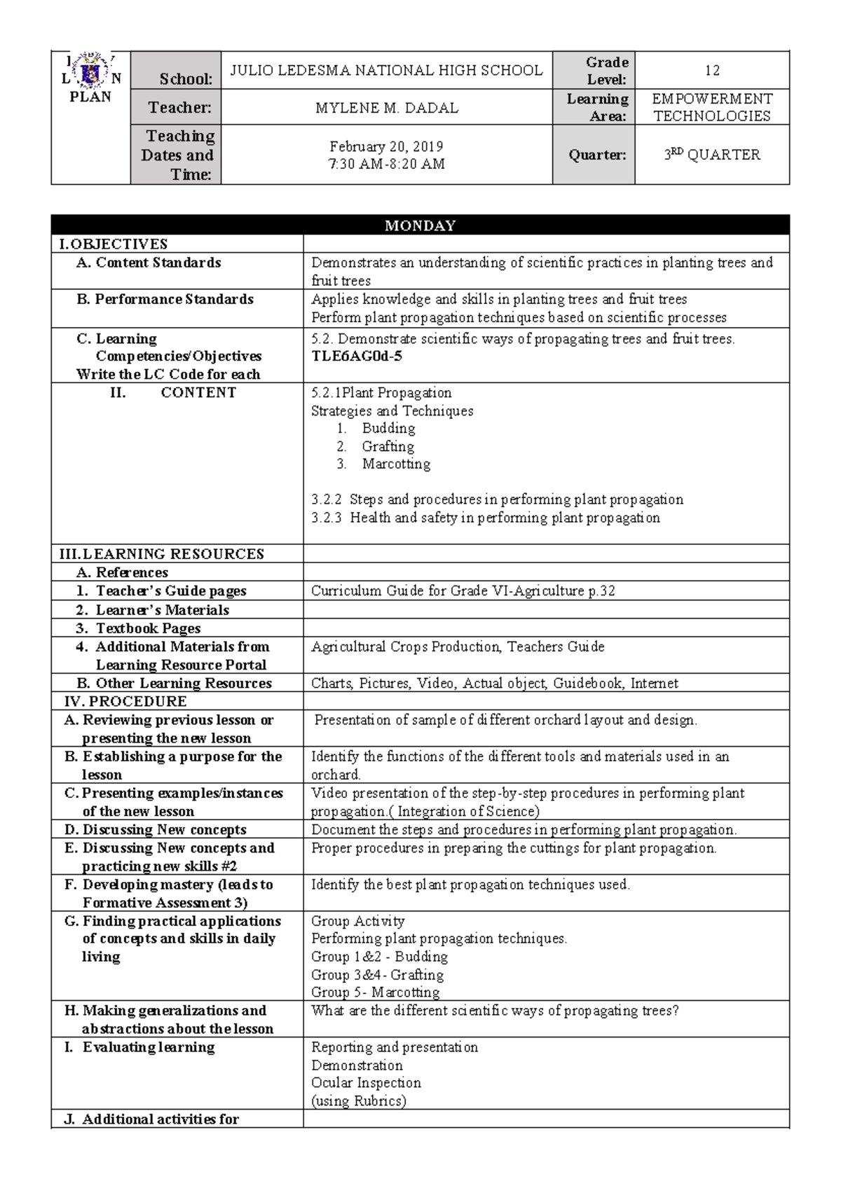Daily Lesson Plan: Empowerment Tech (TLE) - 3rd Quarter - Studocu
