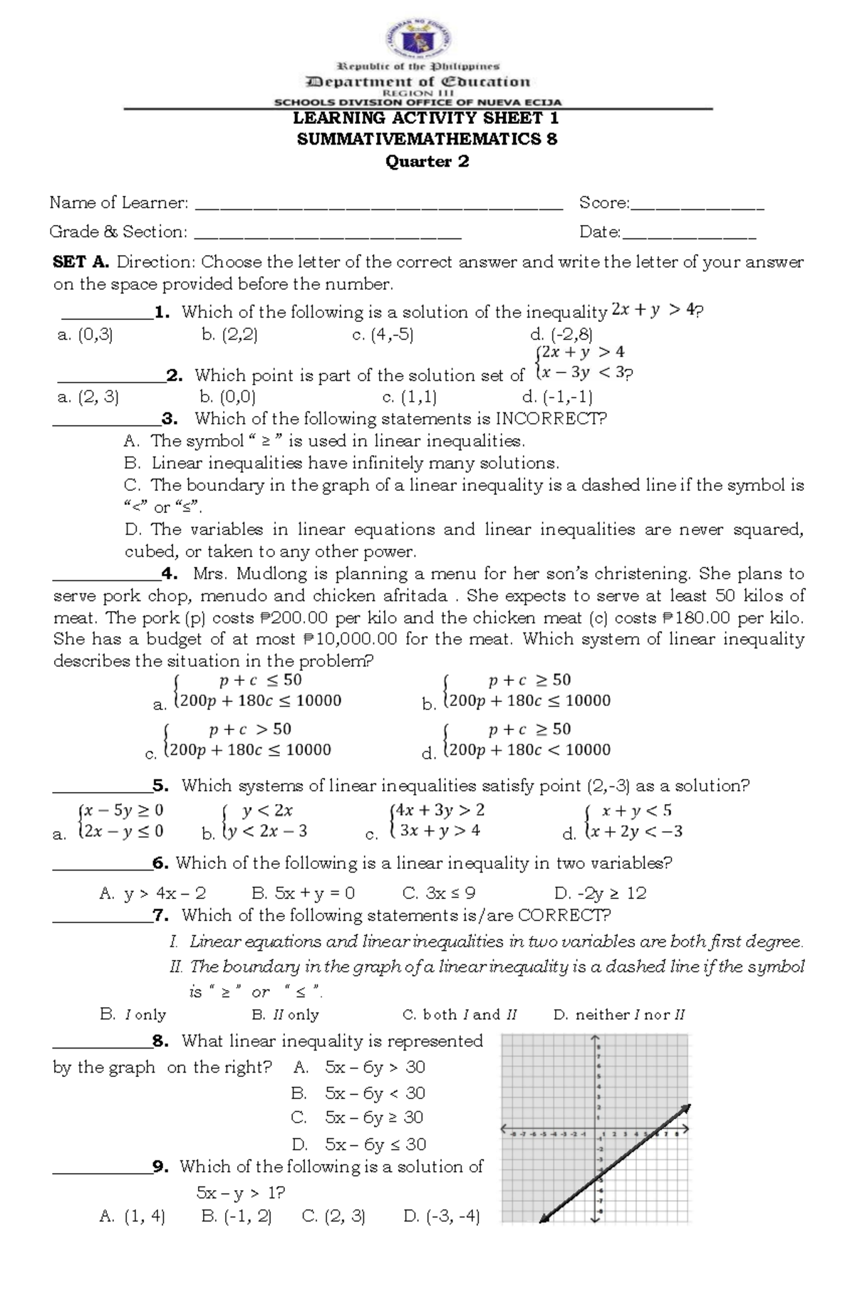 MATHEMATICS 8 Q2 LEARNING ACTIVITY SHEET 1: Inequalities & Solutions ...