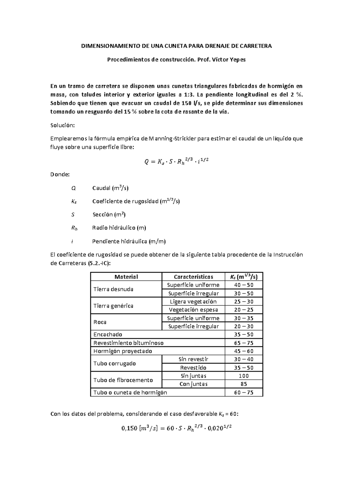 Dimensionamiento de cuneta para drenaje de carretera - Procedimientos ...