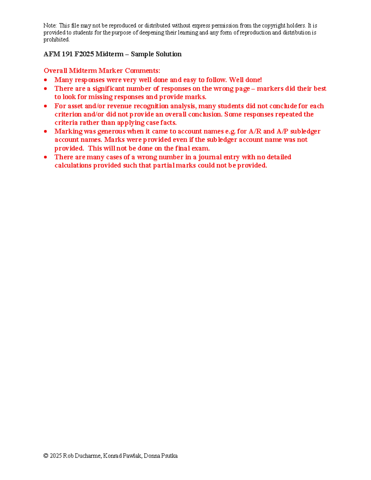 AFM 191 F2025 Midterm Sample Solutions & Marker Feedback - Studocu