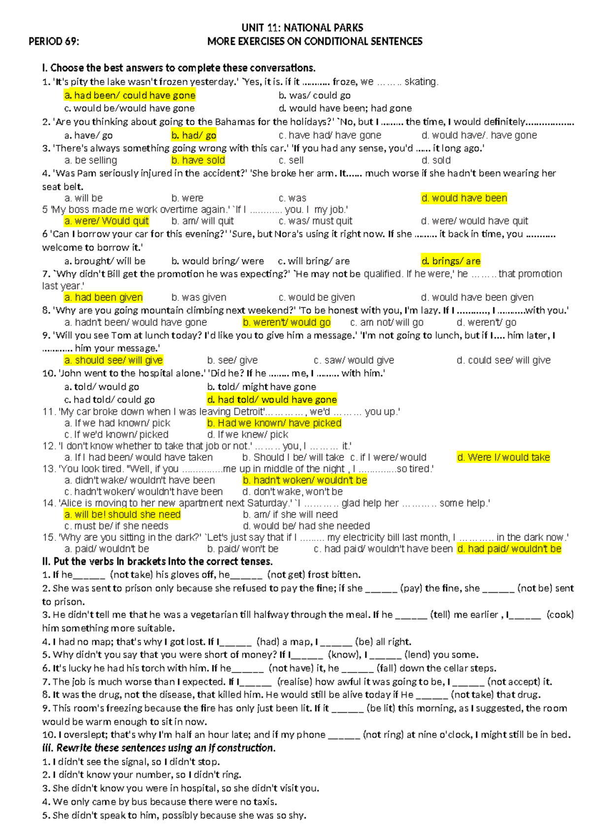Grammar Unit 11-E10: Conditional Sentences Exercises - Studocu