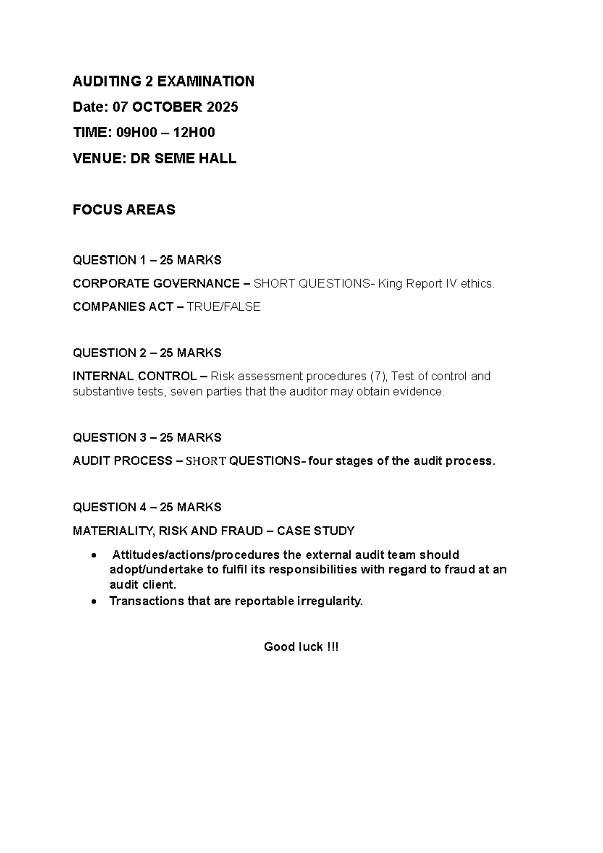 AUDITING 2 FINAL EXAMINATION - 07 OCT 2025 - DR SEME HALL - Studocu