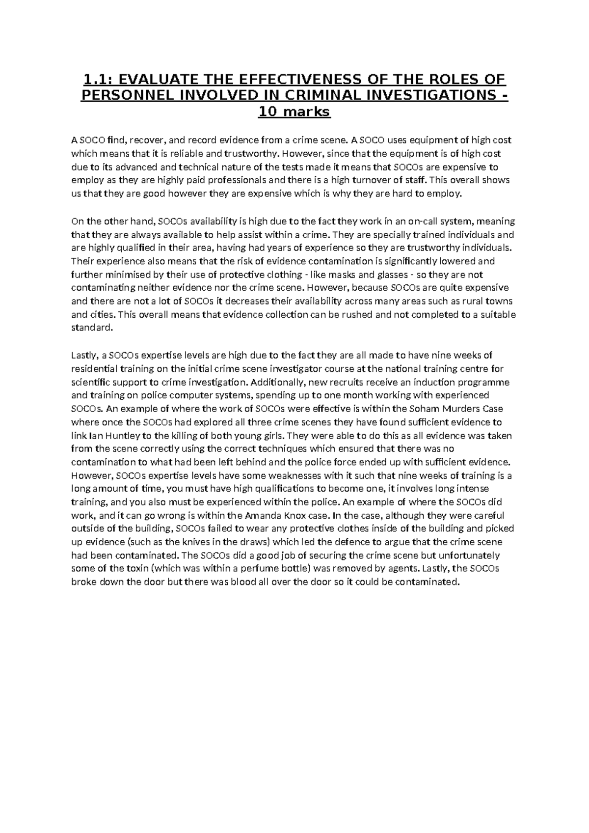 Evaluating the Roles of SOCOs in Criminal Investigations - 10 Marks ...
