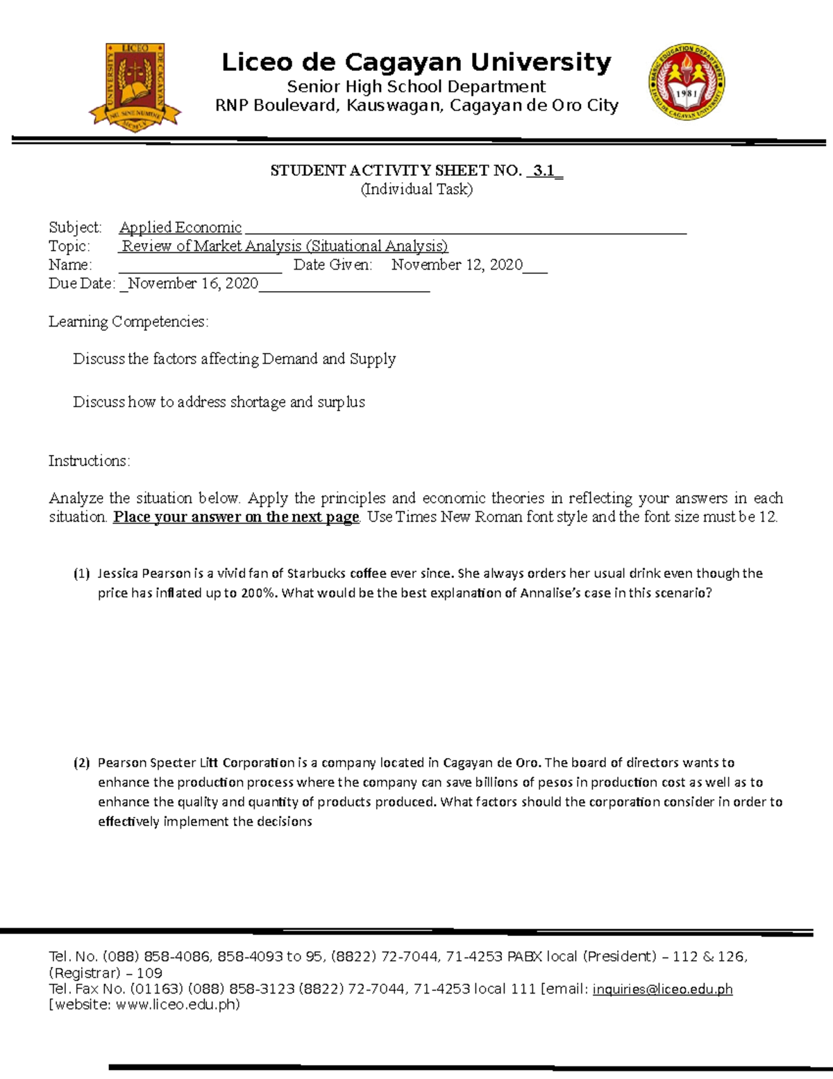 Activity Sheet 3 - Situational analysis - Liceo de Cagayan University ...