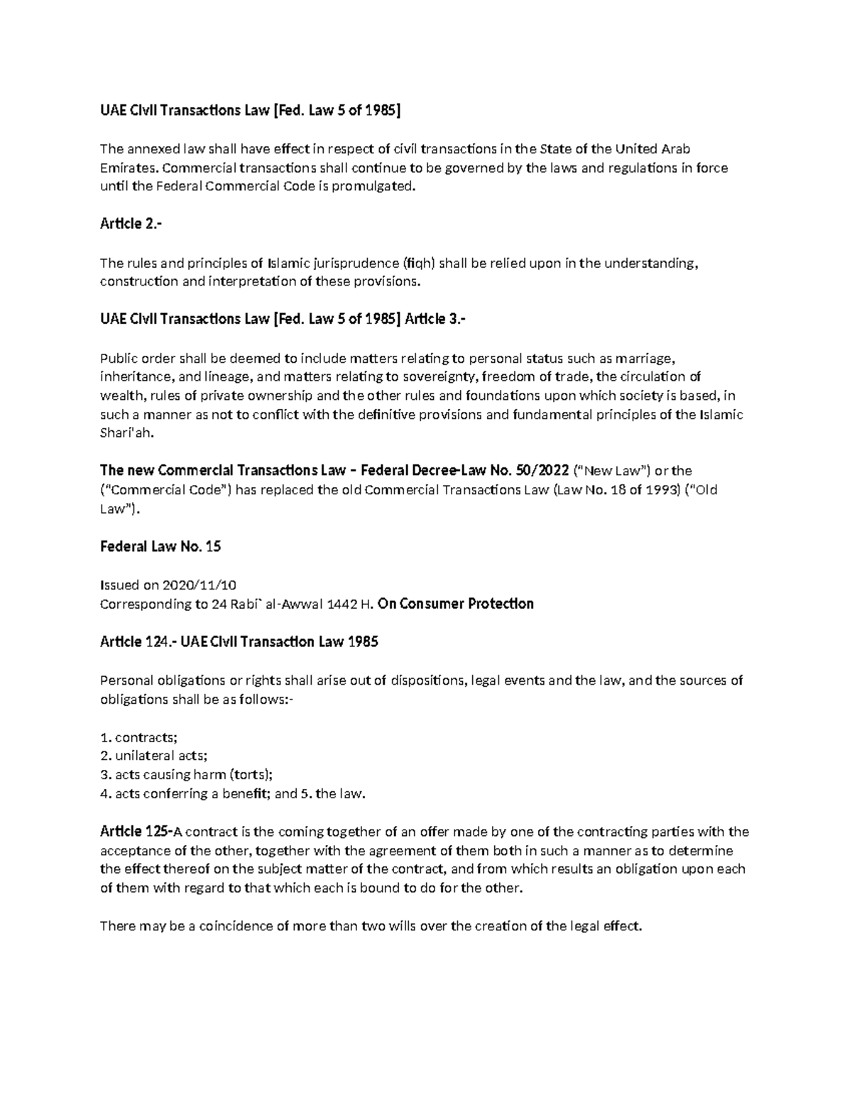 UAE Civil Transactions Law Overview and Key Provisions [Fed. Law 5/1985 ...