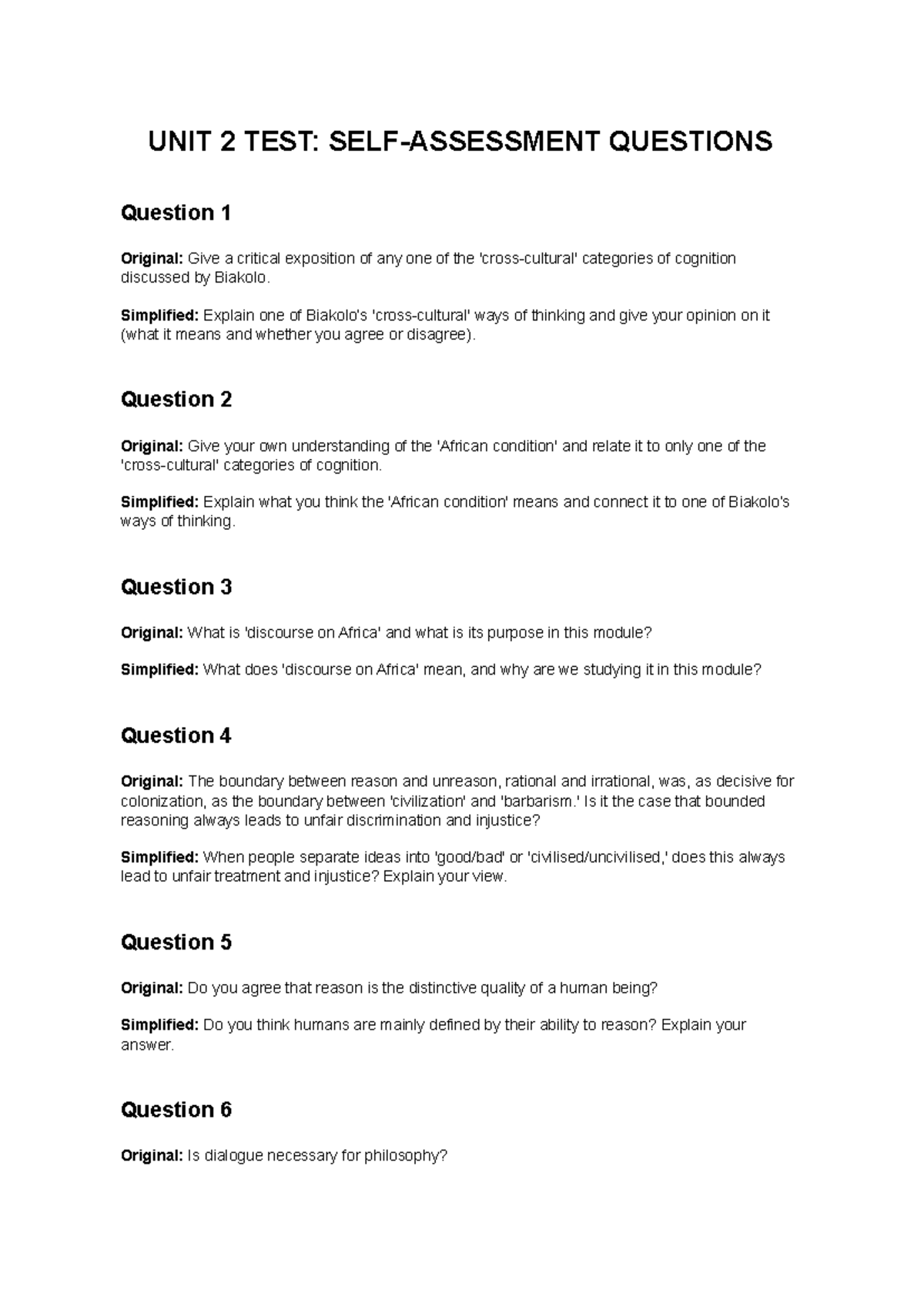 Unit 2 Test: Self Assessment on Cognition and Reasoning - Studocu