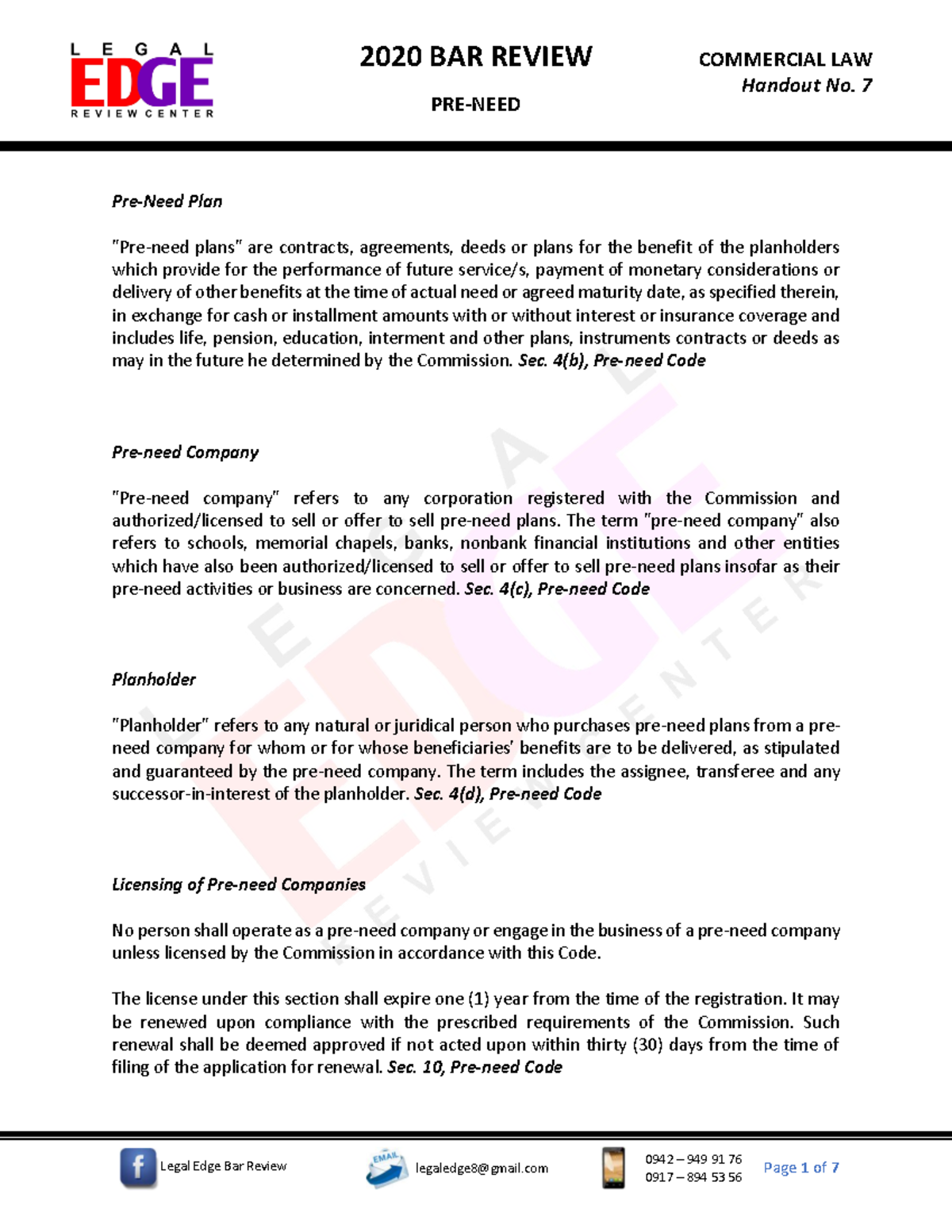 HO 7 - Commercial Law - Pre-need - PRE-NEED Handout No. 7 Legal Edge ...