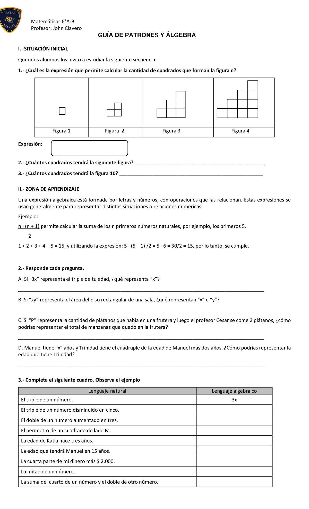 Guía patrones y algebra - Profesor: John Clavero GUÍA DE PATRONES Y ...