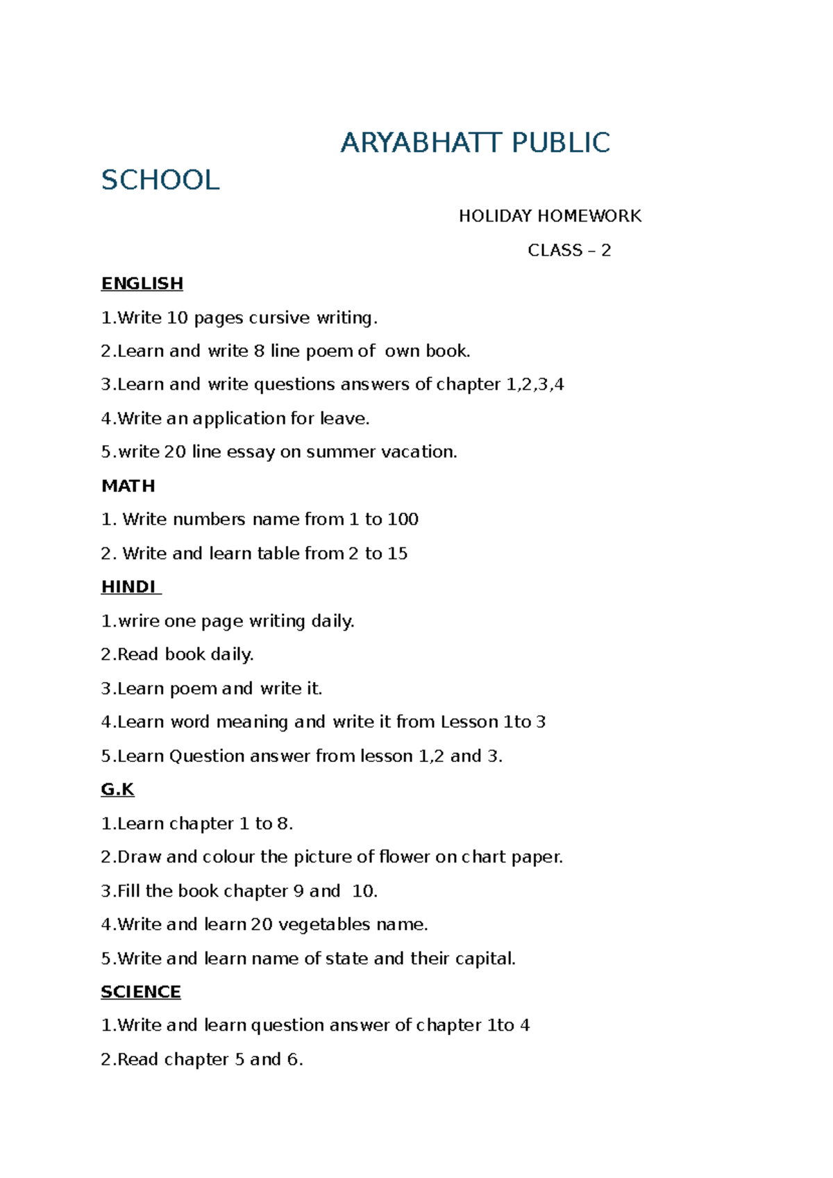 ARYABHATT PS HOLIDAY HOMEWORK CLASS 2: ENGLISH, MATH, HINDI, G.K ...