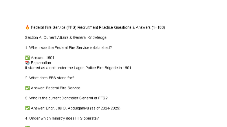 FFS Recruitment Practice Q&A: Current Affairs & General Knowledge - Studocu