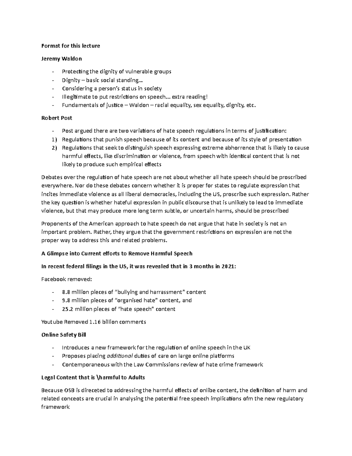 Free Speech Final Lecture Notes - Case Study on Hate Speech Regulation ...