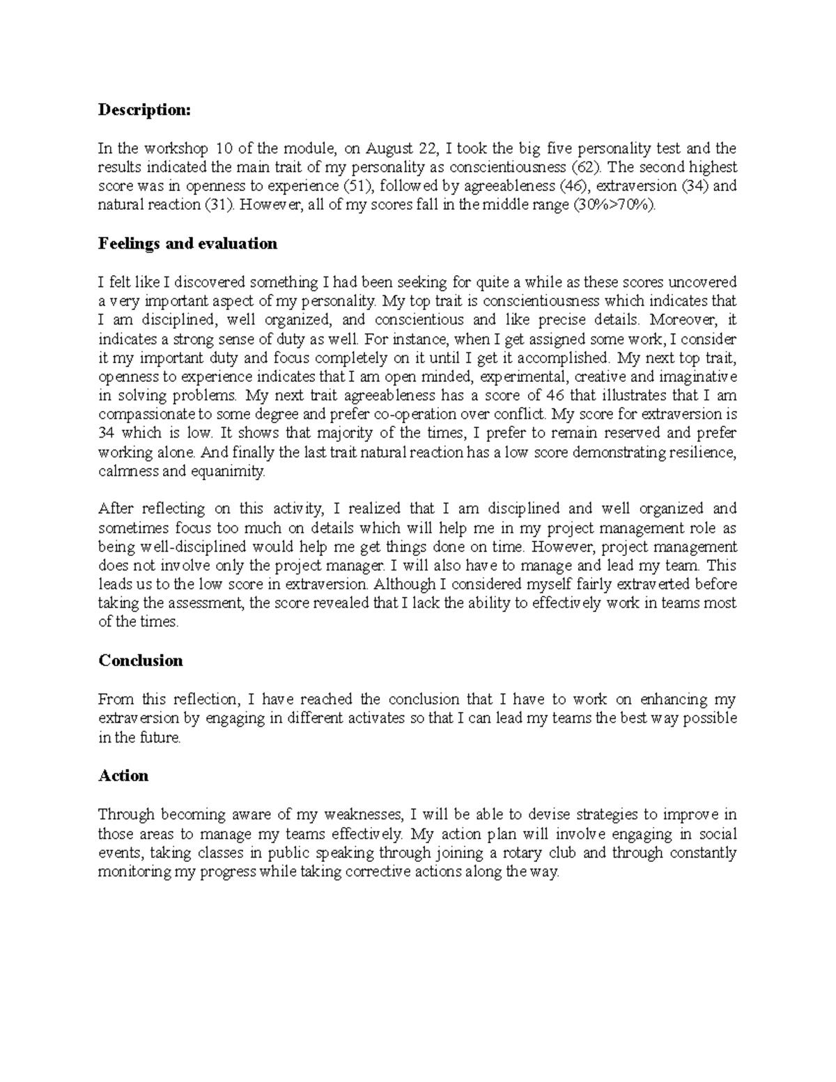 Big Five Personality Test Reflective Report Gibbs Cycle of Reflection ...