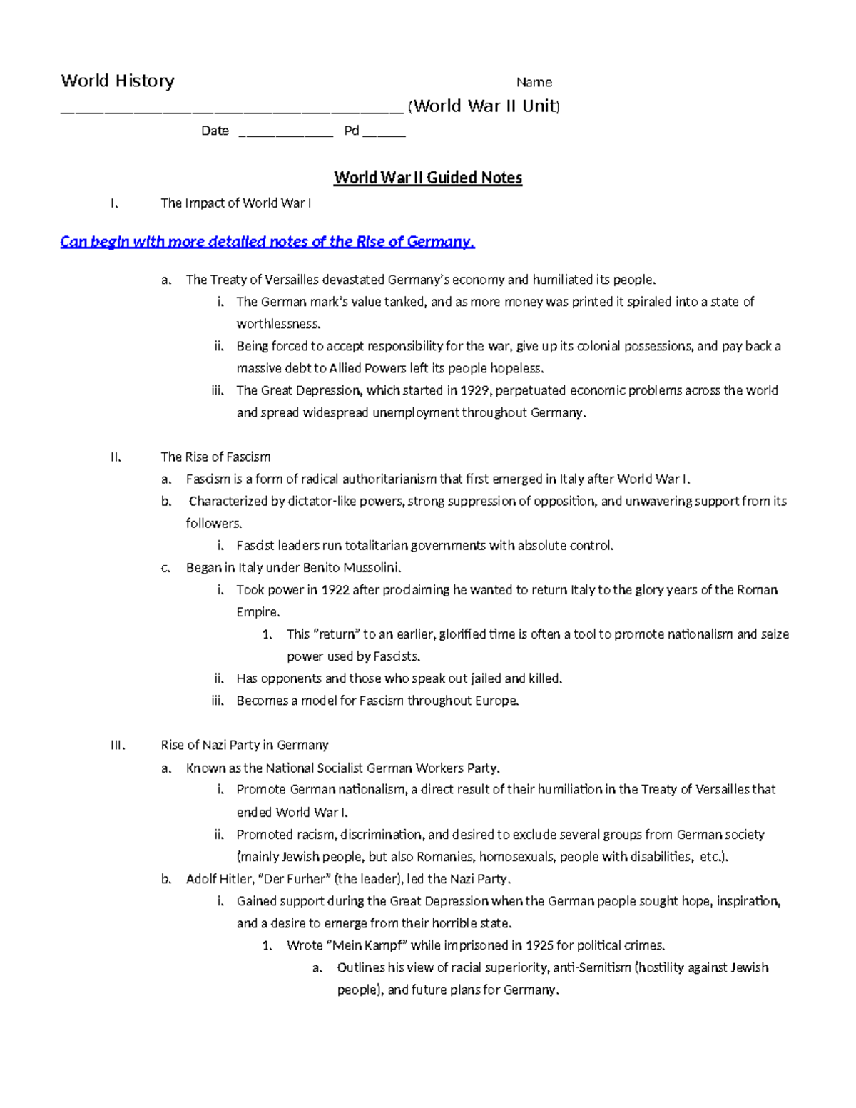 Teacher Guide WWII Notes - World History Name