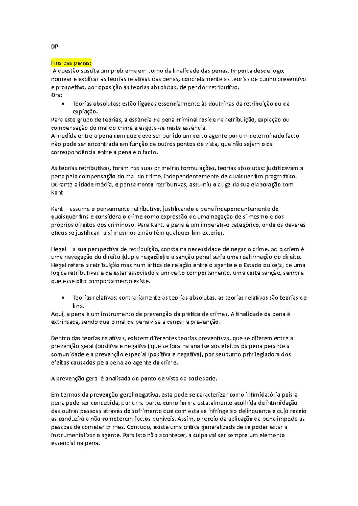 DP Penal I - Resumos Práticos sobre Teorias das Penas e Aplicação da ...