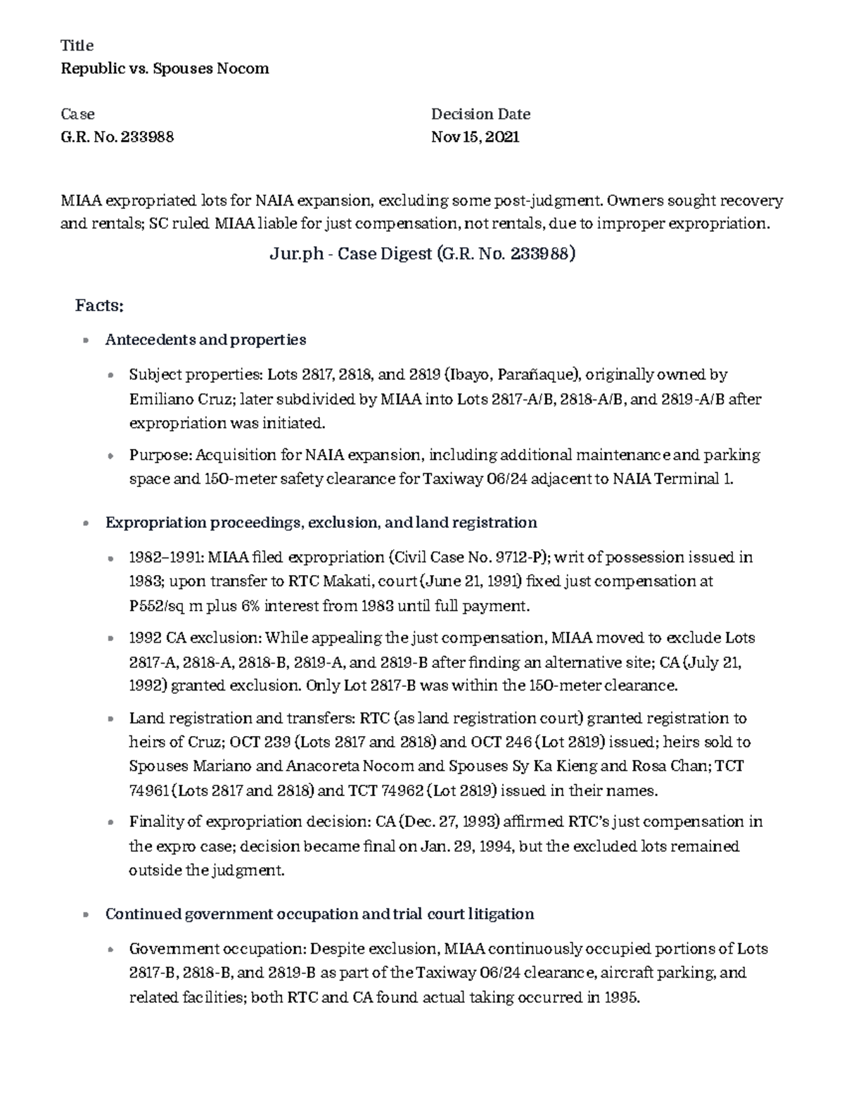 Eminent Domain Case Digest #8: Republic vs. Spouses Nocom (G.R. No ...