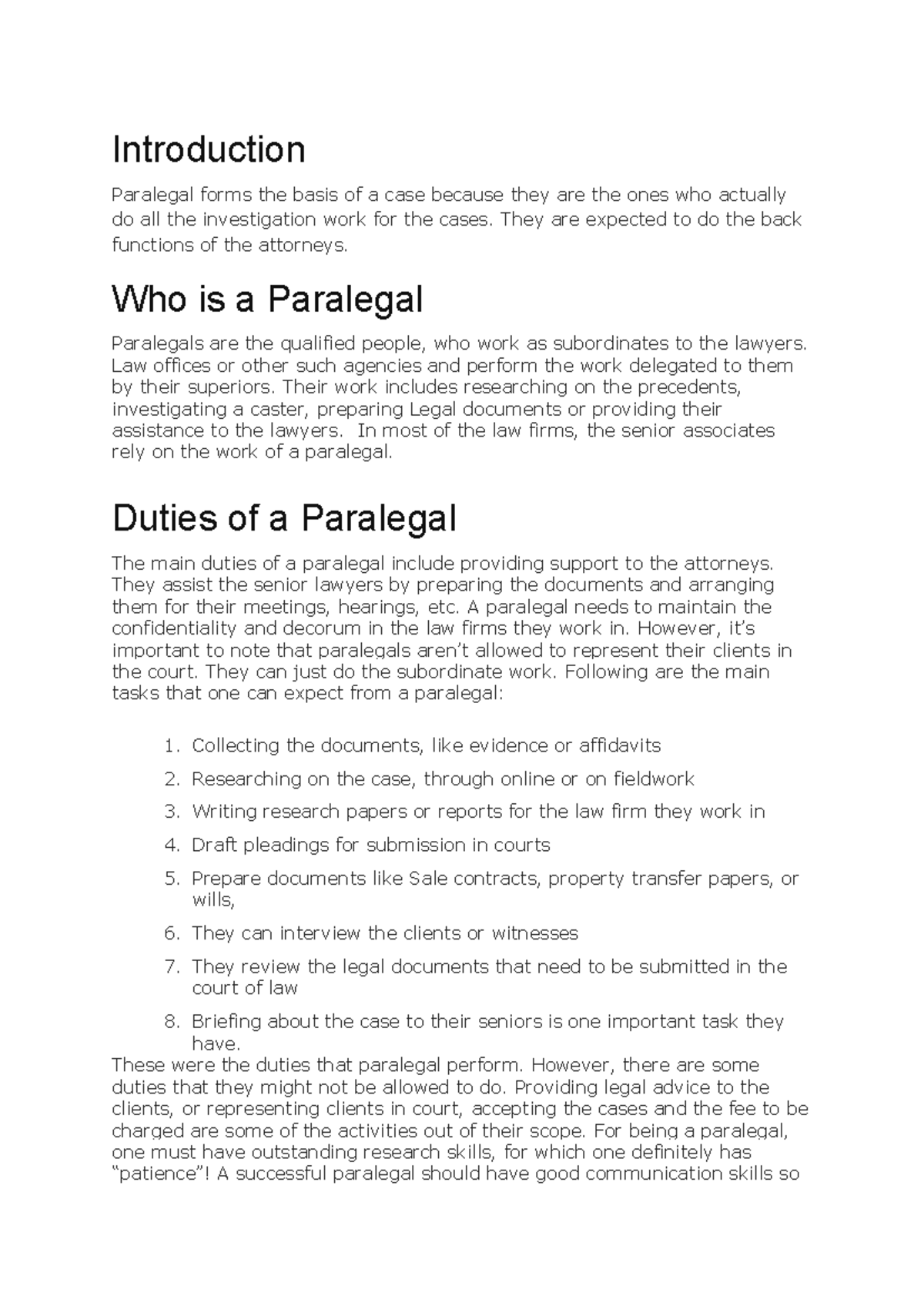 Para Legal Training - notes - Introduction Paralegal forms the basis of ...