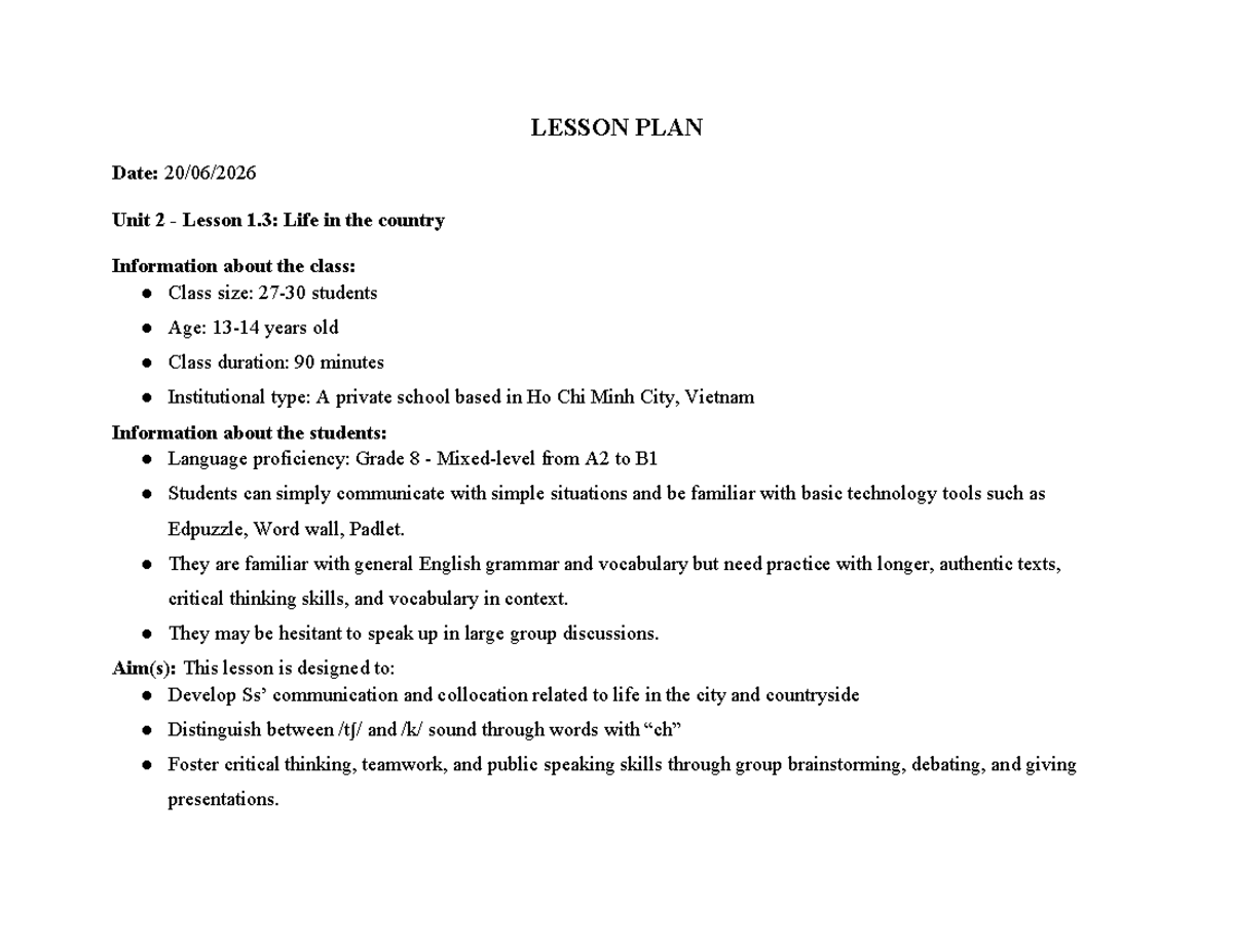 Unit 2 Lesson 1.3: Life in the Country - Lesson Plan for Grade 8 - Studocu