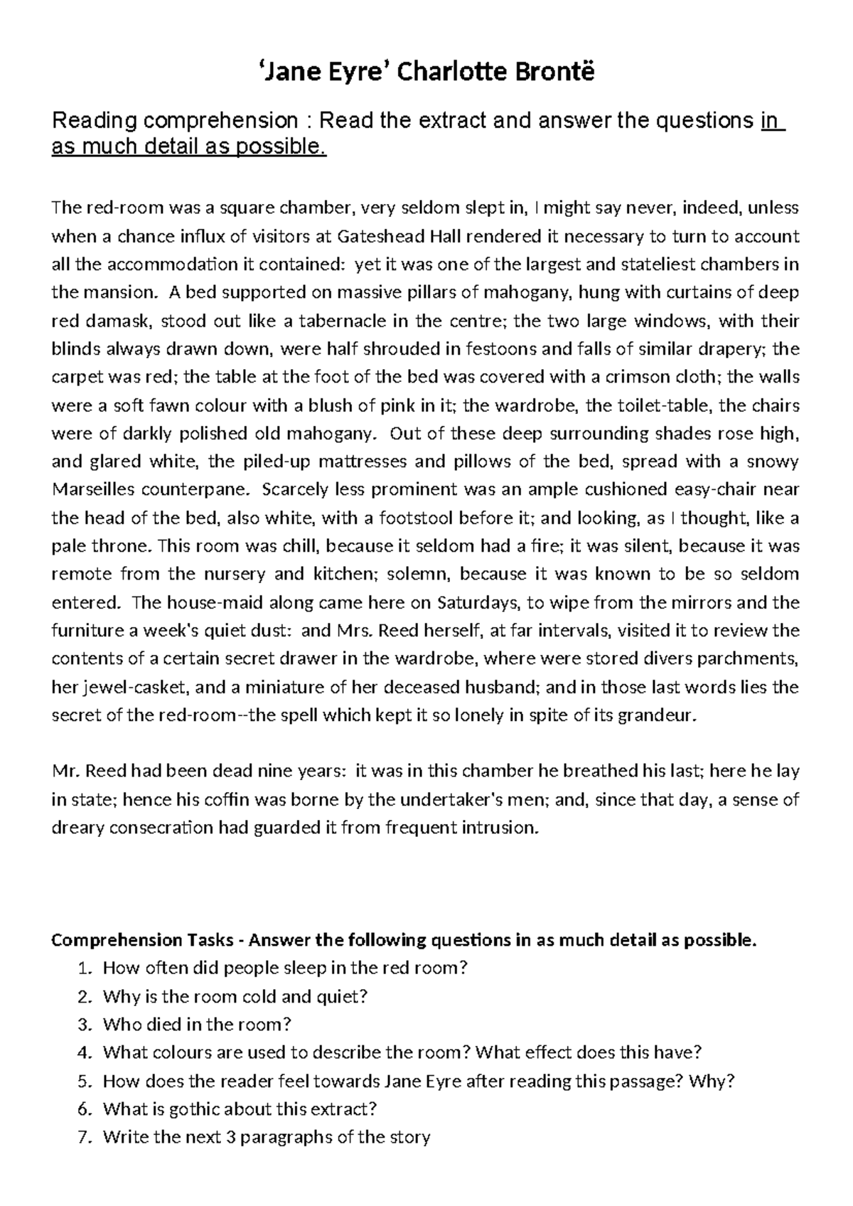 Task 1: 'Jane Eyre' Reading Comprehension Exercise Analysis - Studocu