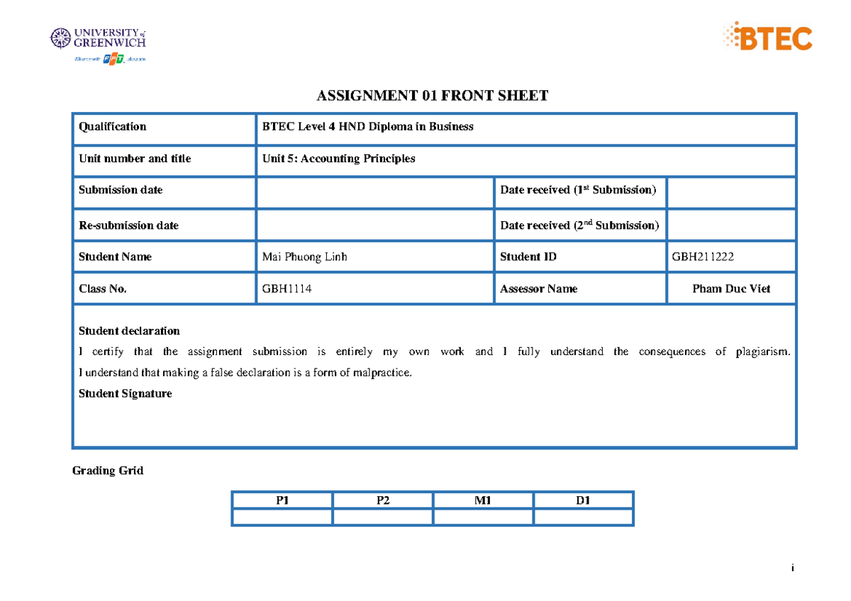 5038 Assignment 1 Front Sheet 1 - i ASSIGNMENT 01 FRONT SHEET Qualification BTEC Level 4 HND ...