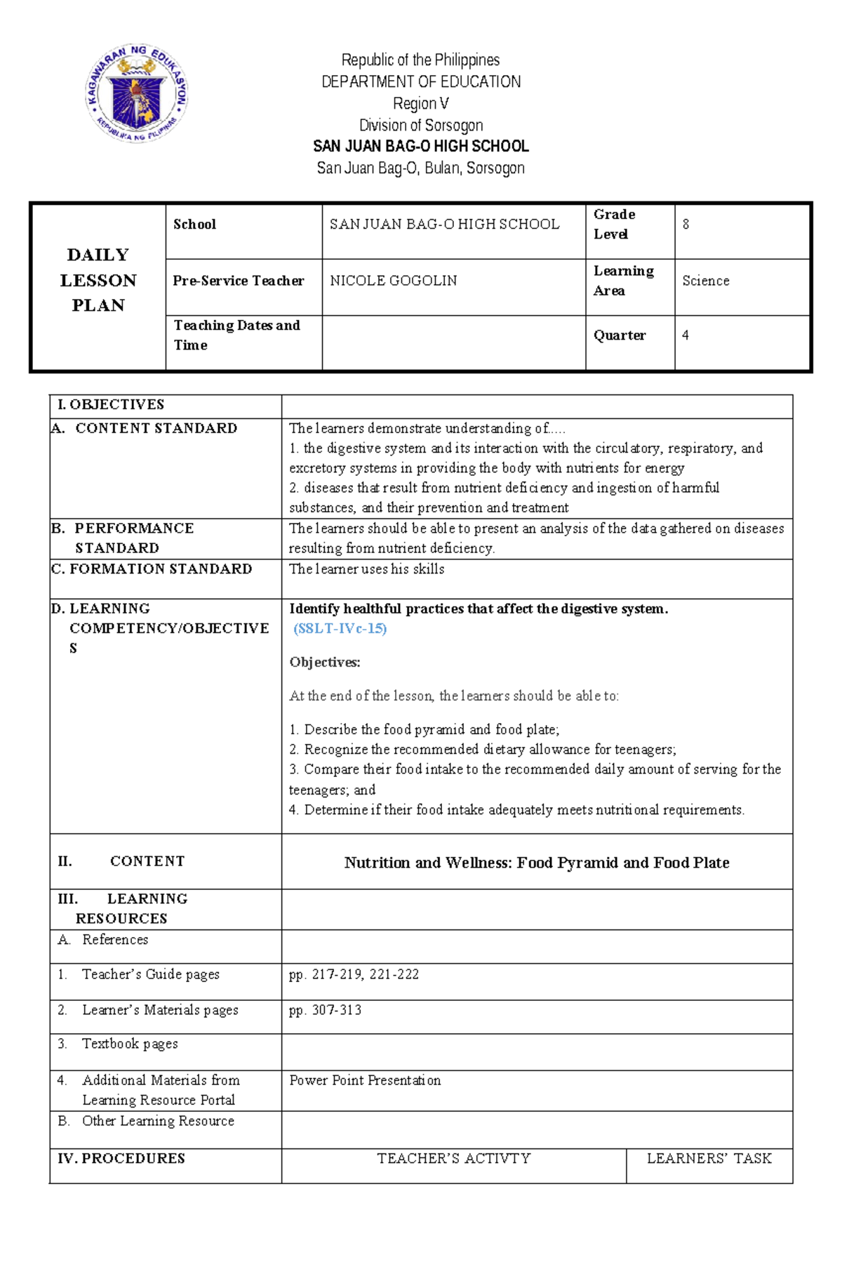 Science Lesson Plan on the Digestive System (Grade 8) - Studocu