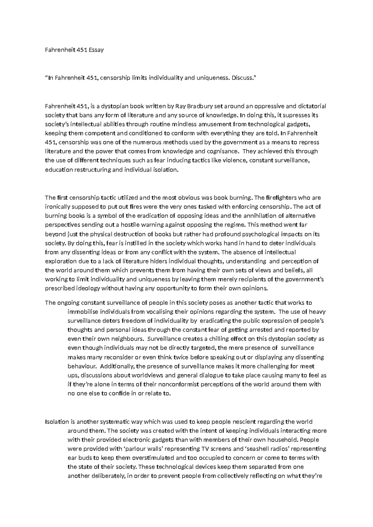 Farenheit 451 Essay #2 - Fahrenheit 451 Essay “In Fahrenheit 451 ...