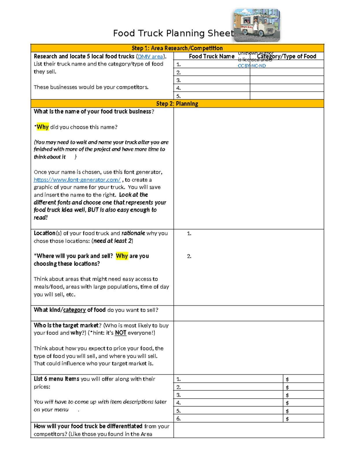 Food Truck Planning Sheet GB: A Comprehensive Guide to Your Business ...
