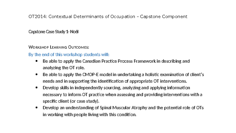 OT2014: Capstone Case Study on Occupational Therapy for Noël - Studocu