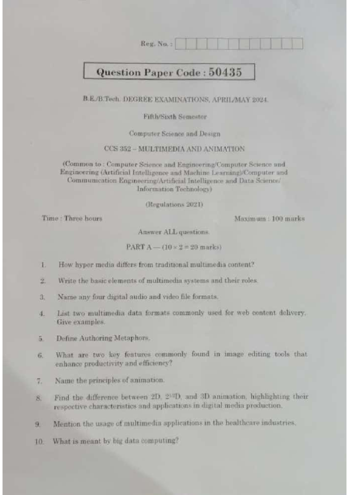 CCS 352 Multimedia and Animation Previous Year Question Paper 2024 - Studocu