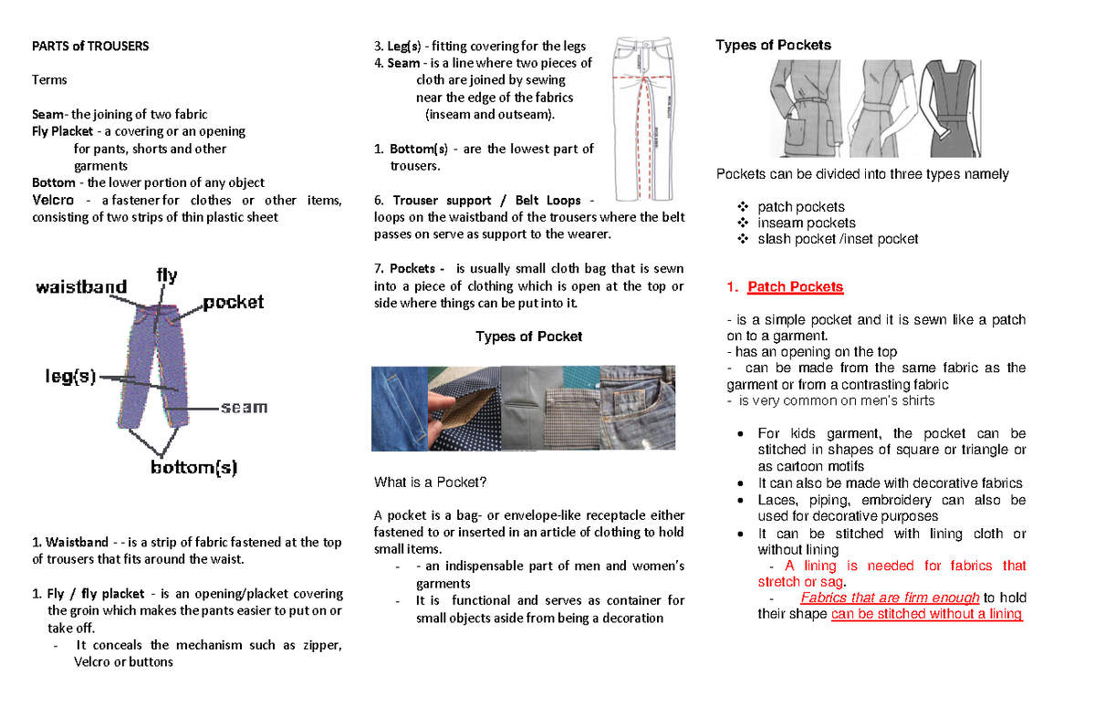 Handouts-Dressmaking-3rd-Q-6-10: Parts & Types of Trousers Pockets ...