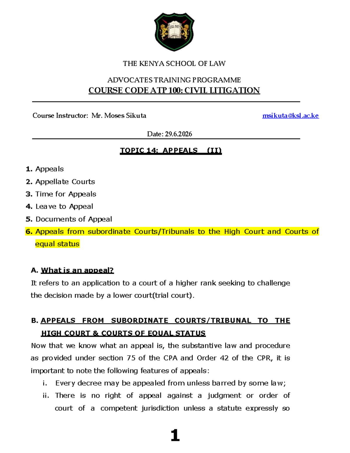 ATP 100: Civil Litigation - Topic 14: Appeals (II) Notes - Studocu