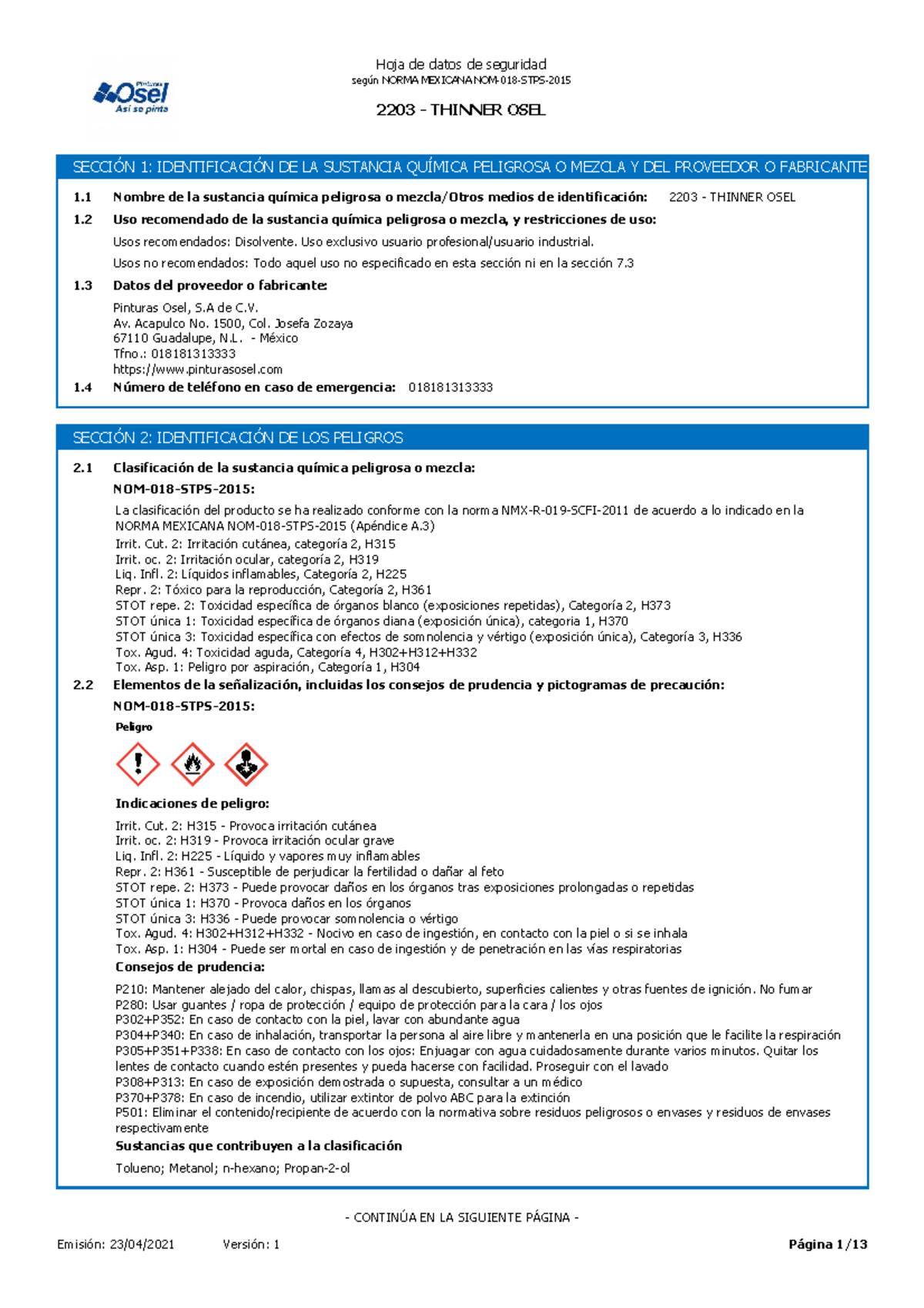 2203 - HOJA DE DATOS DE SEGURIDAD PARA THINNER OSEL - Studocu