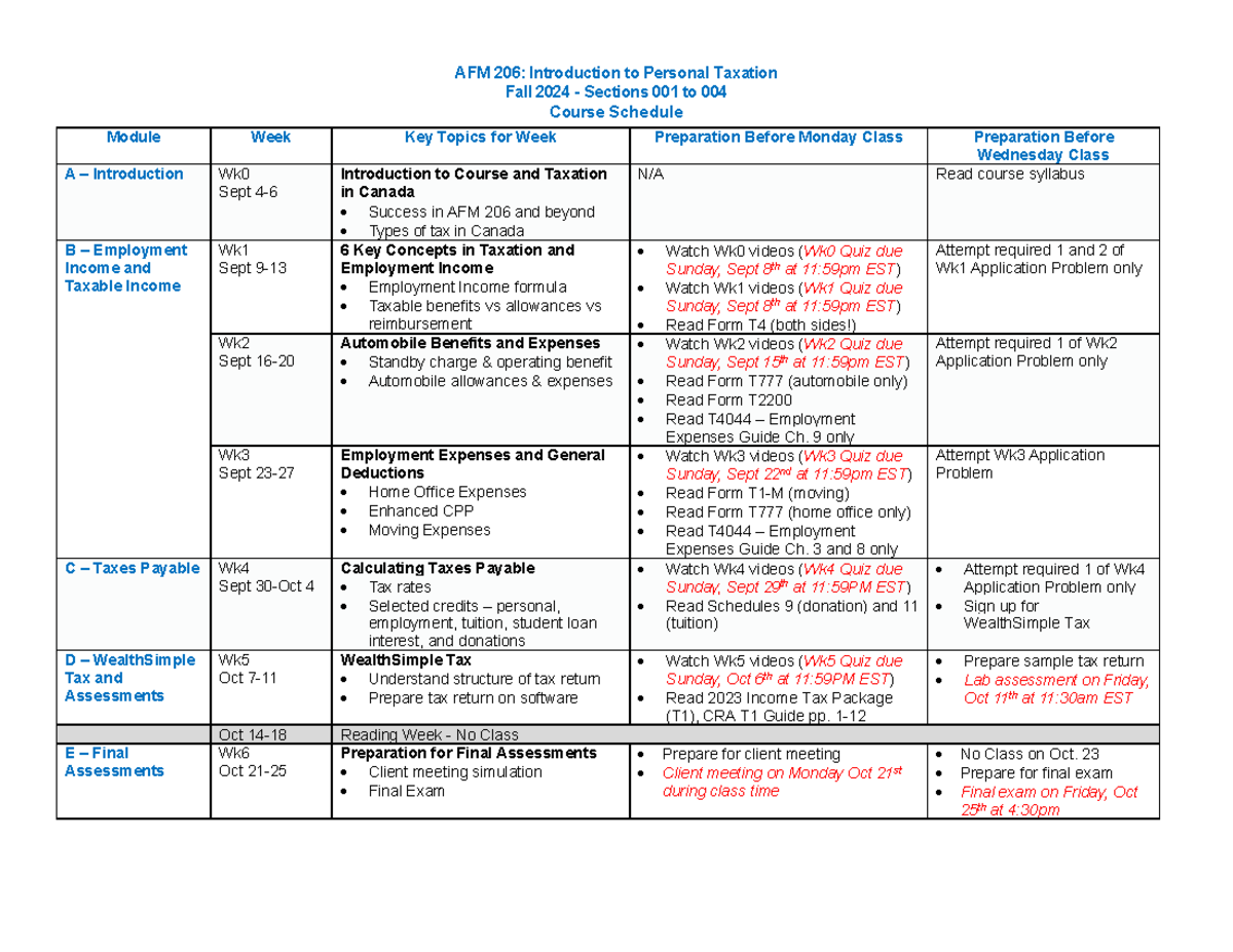 AFM 206: Fall 2024 Personal Taxation Course Schedule - Studocu