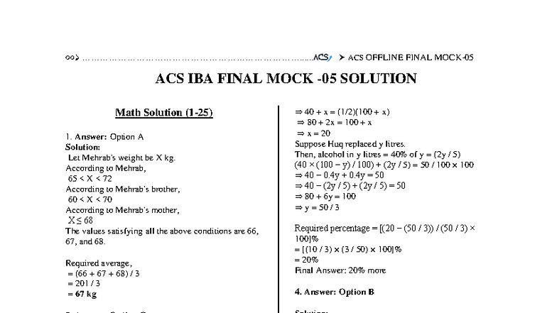 IBA ACS OFFLINE FINAL MOCK SOLUTION - Math & Science Problems - Studocu