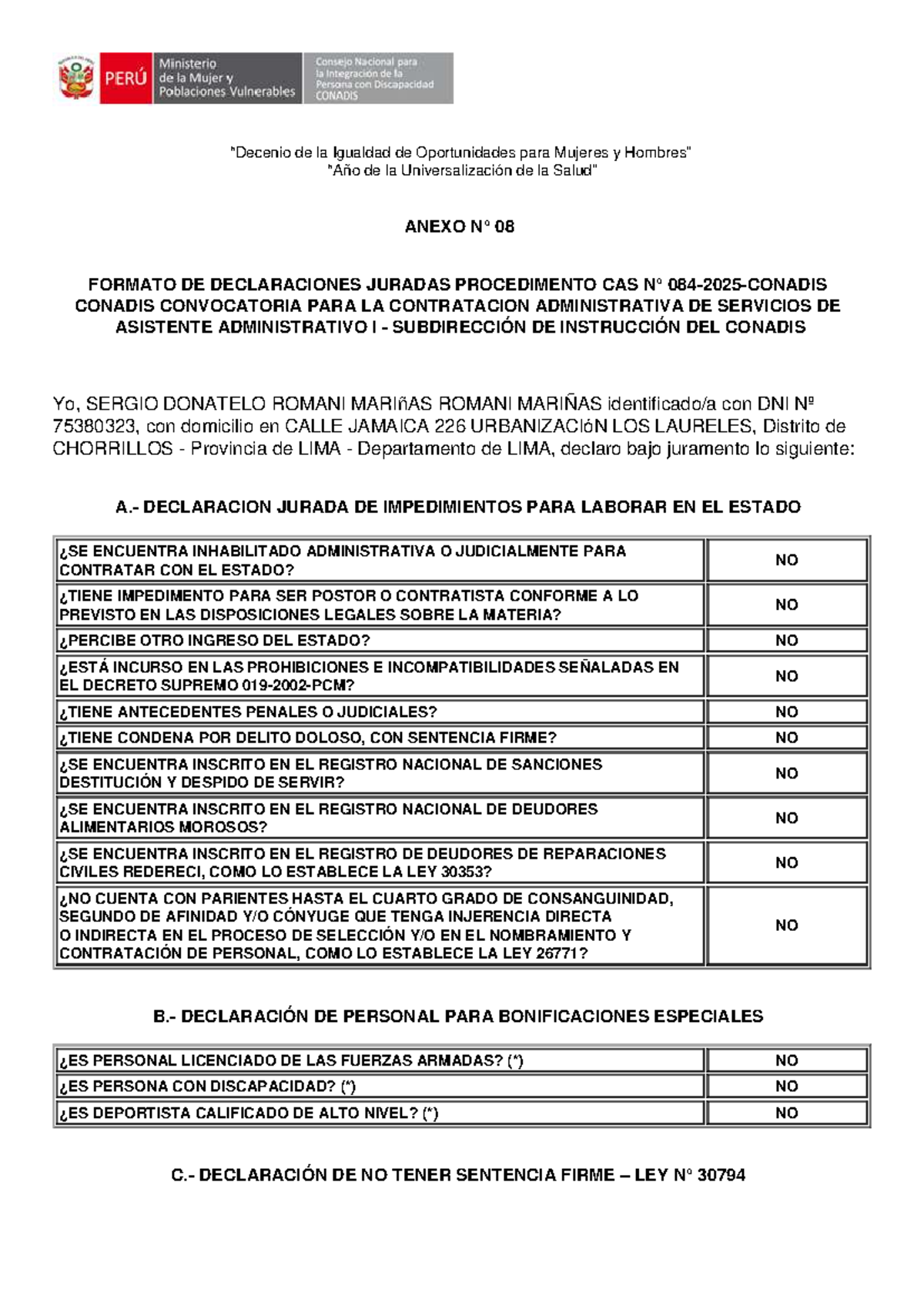 ANEXO 08: Declaración Jurada para Contratación Administrativa - Studocu