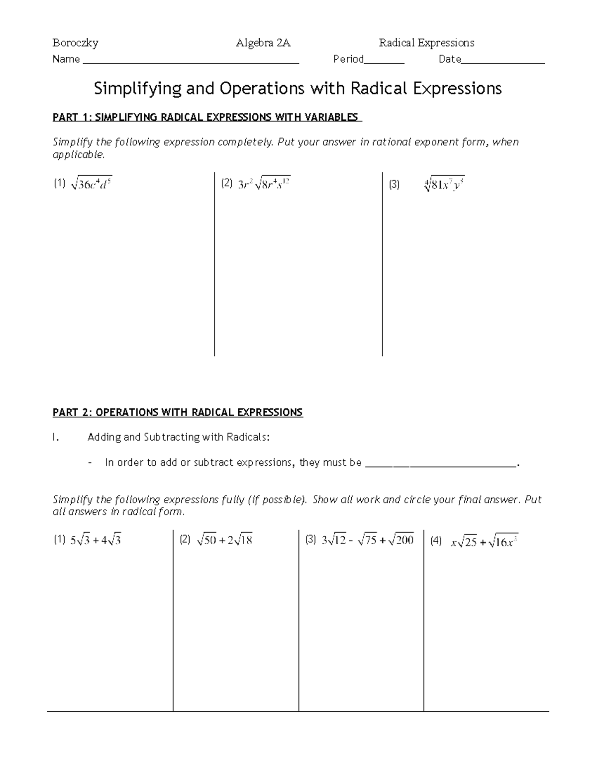 Radical Expressions: Simplifying & Operations Notes (Course Code 9 ...