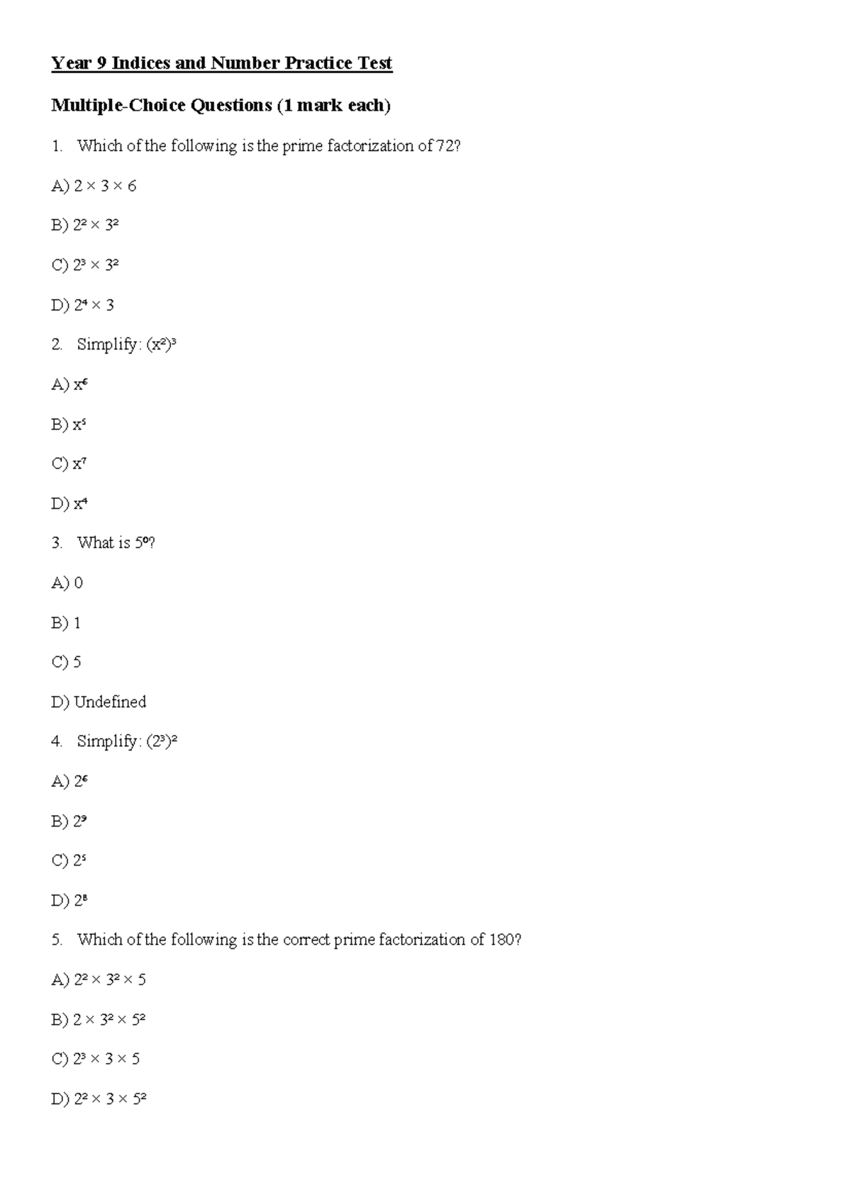 Year 9 Indices & Number Practice Test Questions (1 Mark Each) - Studocu