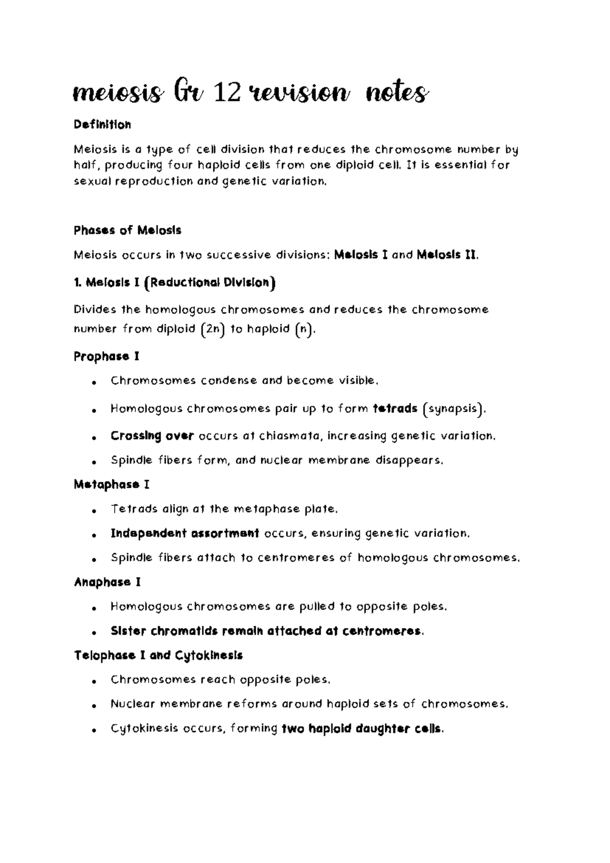 Guide to Meiosis GR 12: Revision Notes & Study Flashcards - Studocu