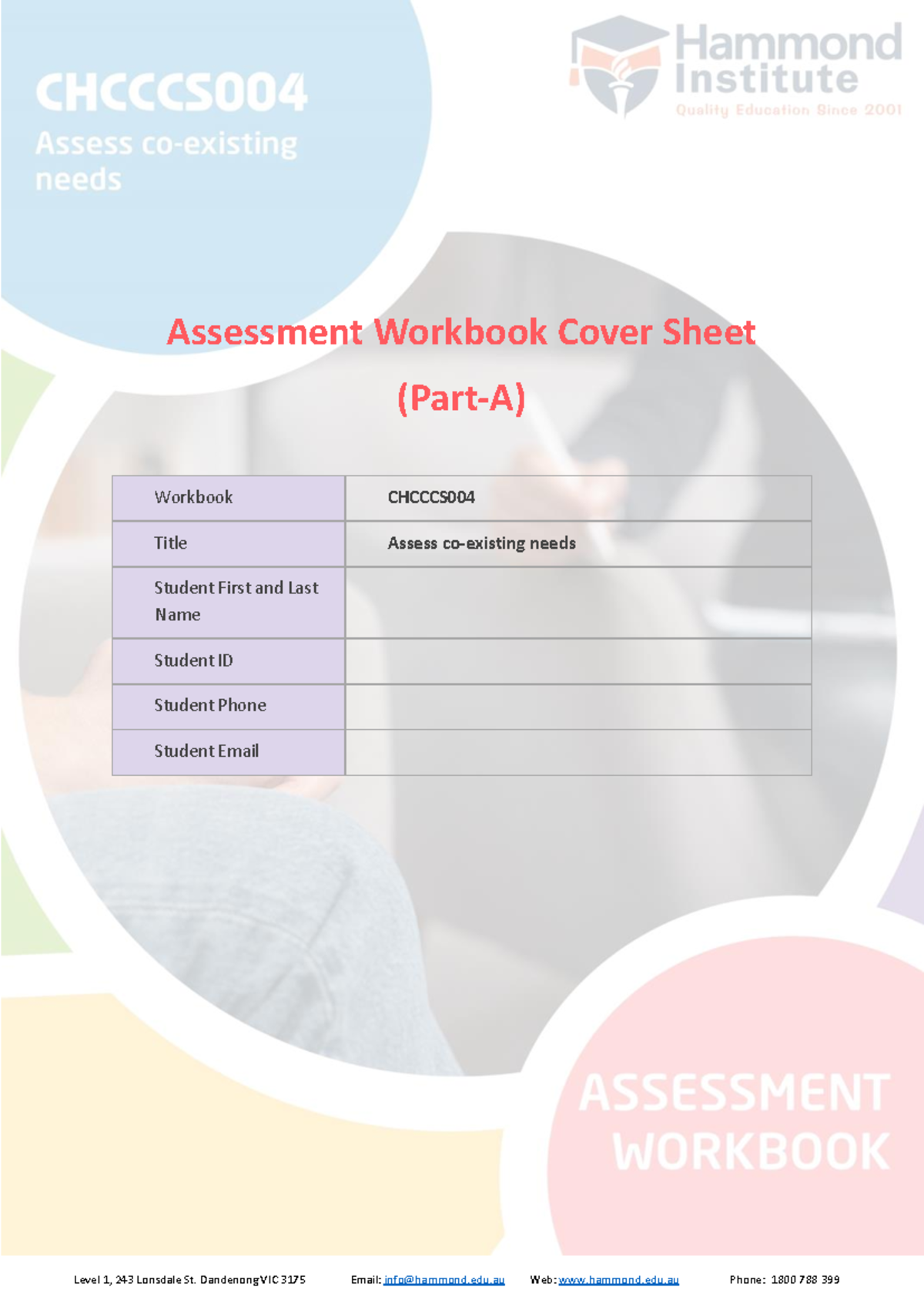 AB CHCCCS 004 Part A: Assessment of Co-existing Needs Workbook - Studocu