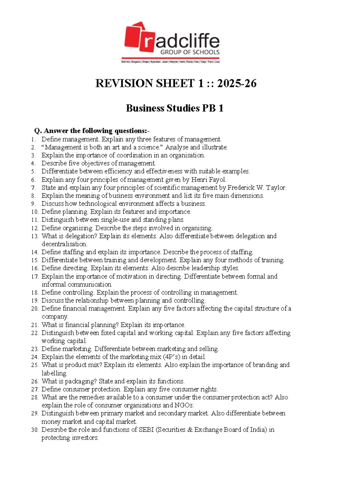 Revision Sheet 1 & 2: Business Studies PB 1 - Key Concepts & Questions ...