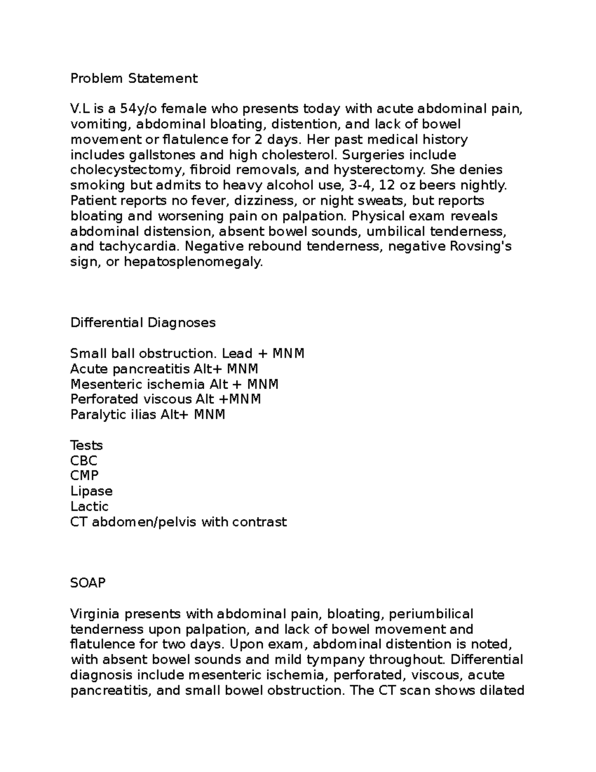 Problem Statement: Acute Abdominal Pain in Patient V.L. - Studocu